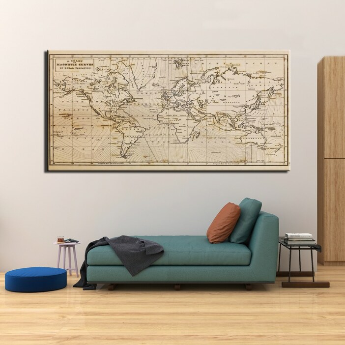 Cuadro Mapa del mundo y curvas magnéticas • Cuadros Tabloide